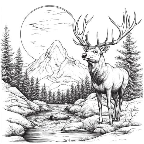 Elk Forrest Black And White Line Art Bundle 2 18 Digital Ai Line Art