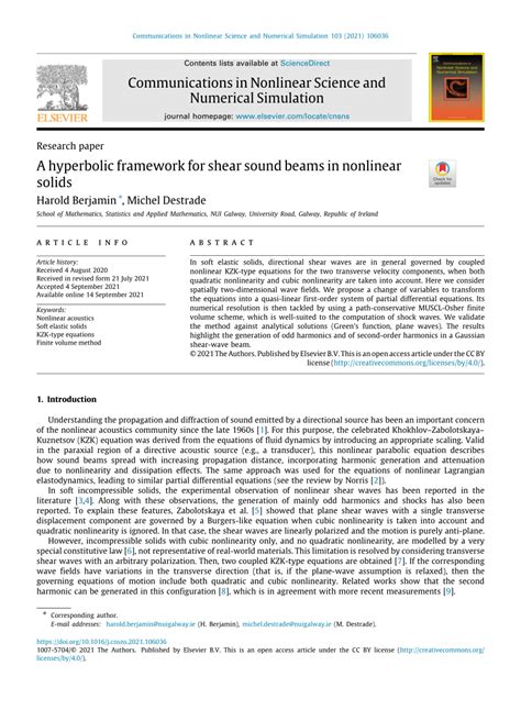 Pdf A Hyperbolic Framework For Shear Sound Beams In Nonlinear Solids