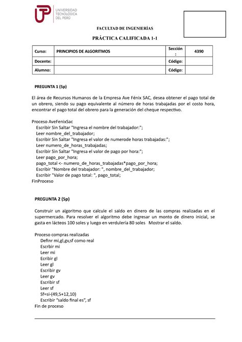 PC Principios DE Algoritmos FACULTAD DE INGENIERÍAS PRÁCTICA CALIFICADA Curso PRINCIPIOS