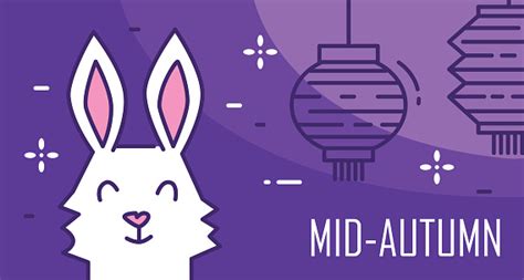 보라색 바탕에 초 롱 토끼와 행복 한 중앙가 축제 카드 얇은 라인 플랫 디자인입니다 벡터입니다 Mid Autumn