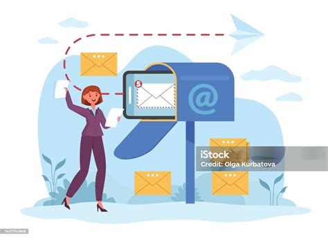 이메일 디지털 편지 인터넷 텍스트 방송 여자 메일 송수신 우편함과 색깔 봉투 소셜 네트워크 웹 메시지입니다 온라인 커뮤니케이션 벡터 만화 개념 벡터에 대한 스톡 벡터 아트