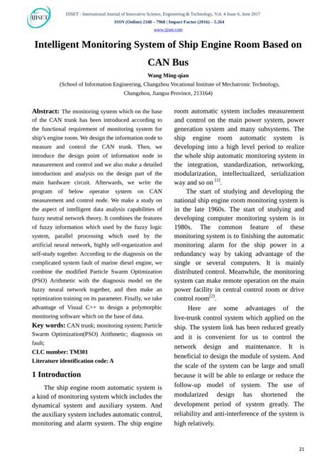 PDF Intelligent Monitoring System Of Ship Engine Ijiset Com Vol V S IJISET V I