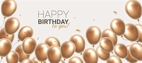 텍스트 생일 축하와 현실적인 황금 색 공기 풍선의 힙벡터 일러스트 가벼운 배경에 풍선과 색종이아름다운 휴일 템플릿 디자인
