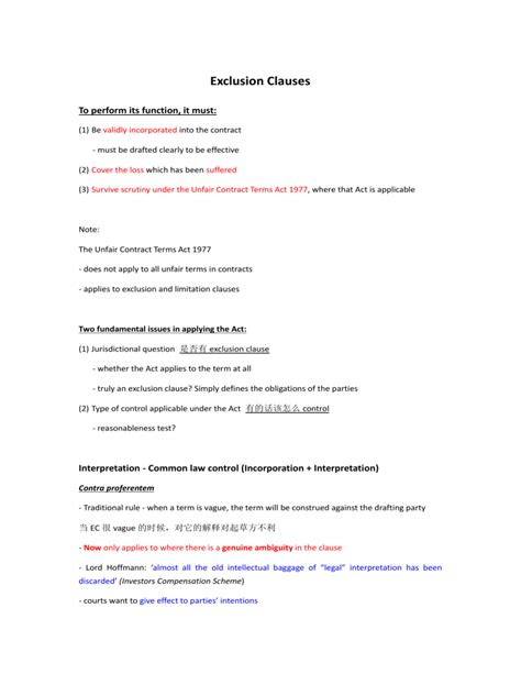 Exclusion Clauses Contract Law Lecture Notes