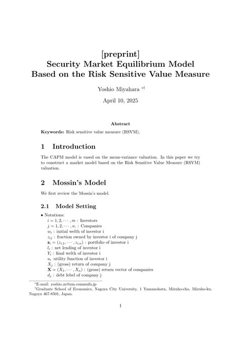Pdf Preprint Security Market Equilibrium Model Based On The Risk