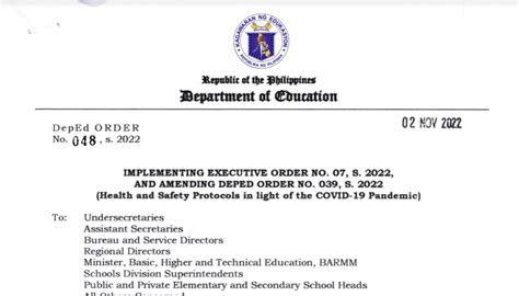 DepEd Order No. 048, s. 2022 : Implementing Executive Order No. 07 s. 2022, and Amending DepEd ...