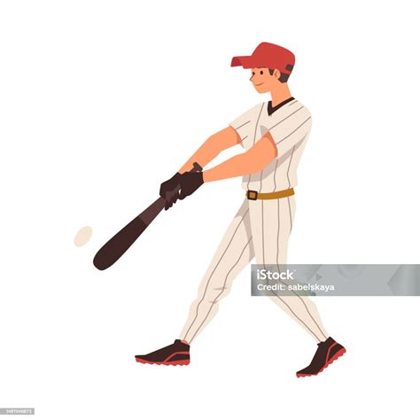 야구 타자가 방망이를 들고 공을 치고 흰색 배경에 분리된 평면 벡터 그림 경기 스포츠에 대한 스톡 벡터 아트 및 기타 이미지 경기 스포츠 경기장 공 스포츠 장비