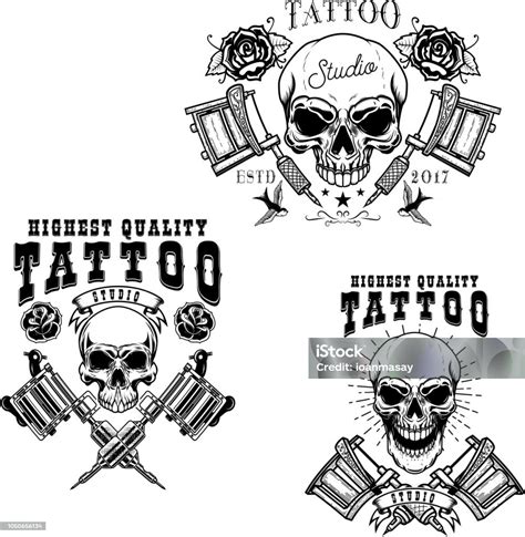 문신 스튜디오 엠 블 럼 서식 파일의 설정 문신 기계 두개골 장미를 넘어 라벨 사인 포스터 T셔츠를 위한 디자인 요소입니다 고풍