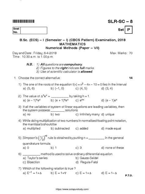 Bsc 1 Sem Ecs Mathematics Numerical Methods Slr Sc 8 2018 Pdf Equations Finite Difference