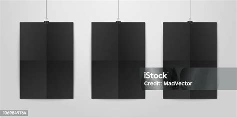 3 벡터 현실적인 블랙 빈 세로 A4 접힌 종이 포스터 걸려 밧줄에 바인더 클립 설정 화이트 벽 모형에 그래픽 이랑 빈 포스터 디자인 서식 파일 3가지 개체에 대한 스톡