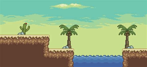 Pixel Art Desert Game Scene With Palm Tree Oasis Cactuses 8bit