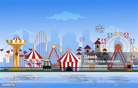 놀이 공원 놀이기구 재미 박람회 카니발 플랫 벡터 일러스트 강에 대한 스톡 벡터 아트 및 기타 이미지 강 그림자 디자인 Istock