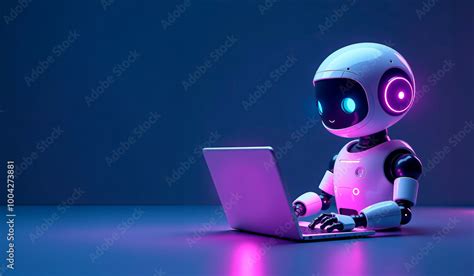Cute Friendly Artificial Intelligence Robot Using Laptop Computer With Purple Neon Glow Light