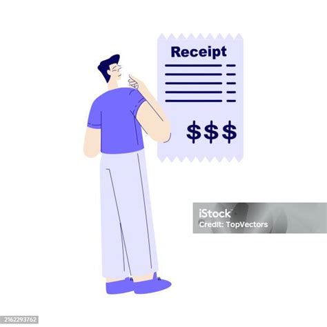 Bill Pay 와 남자 캐릭터 와 종이 영수증 서있는 와 생각하다 벡터 일러스트 레이 션 가격에 대한 스톡 벡터 아트 및 기타