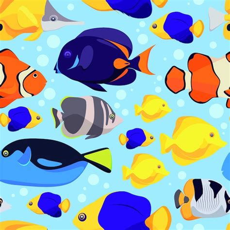 물고기 패턴 컬러 야생 이국적인 열대어와 수중 생활 화려한 벡터 원활한 배경 이국적인 물고기 반복 배경 그림 프리미엄 벡터