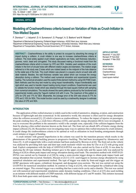 Pdf Modeling Of Crashworthiness Criteria Based On Variation Of Hole As Crush Initiator In Thin
