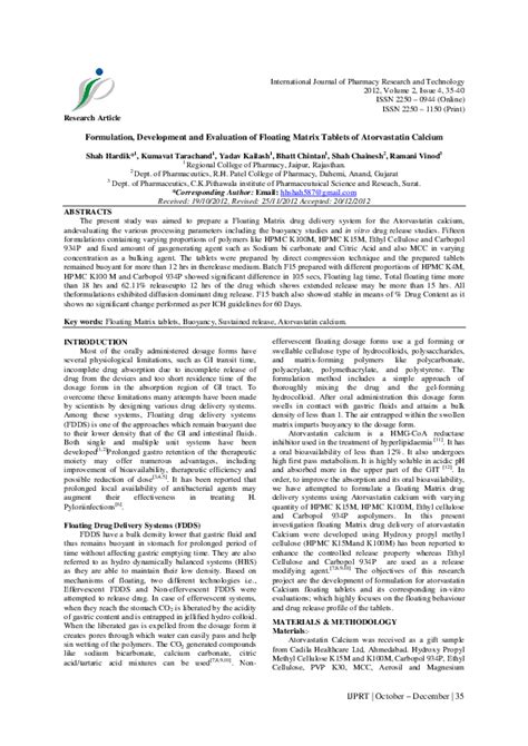 Pdf Formulation Development And Evaluation Of Floating Matrix Tablets Of Atorvastatin Calcium
