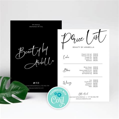 Business Price List Customizable Pricing Guide Printable Menu Template Editable Beauty Salon