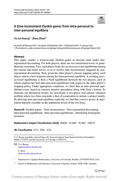 A Time Inconsistent Dynkin Game From Intra Personal To Inter Personal Equilibria Request Pdf