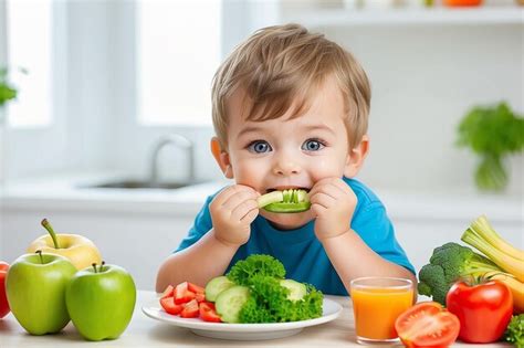 Un niño feliz y lindo come comida saludable. | Foto Premium