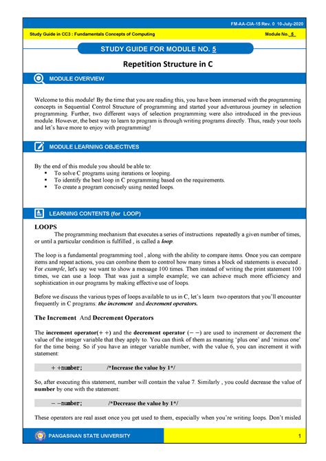 Fundamentals Of Computing Module Repetition Structures In C PangSU Studocu