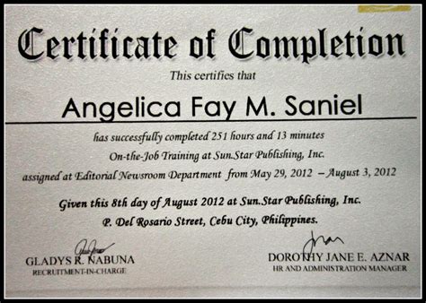 Certificate Of Completion Ojt Template