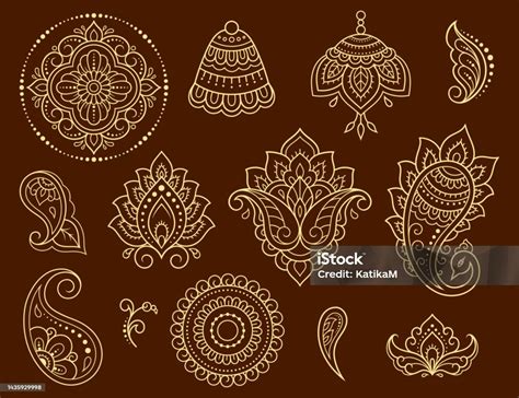 헤나 드로잉과 문신용 멘디 꽃 무늬 세트 민족 동양 인도 스타일의 장식 낙서 장식 개요 손 그리기 벡터 그림입니다 인도 문화에 대한 스톡 벡터 아트 및 기타 이미지 Istock