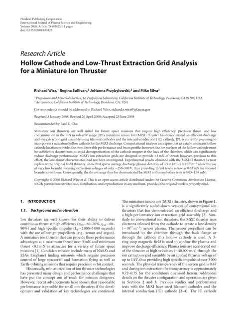 Pdf Hollow Cathode And Low Thrust Extraction Grid Analysis For A Miniature Ion Thruster
