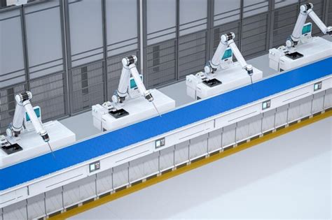 Premium AI Image Automation Industry Concept With D Rendering Robot Assembly Line And Empty