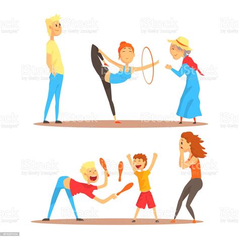 후프와 체조 춤을 하 고 소녀 Juggler와 함께 연주 핀 화려한 만화 상세한 벡터 일러스트의 서커스 또는 거리 액 터 세트