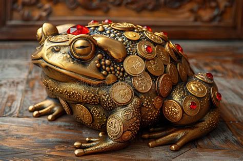 A Golden Chinese Money Toad Made Of Gold Coins And Red Gemstones On
