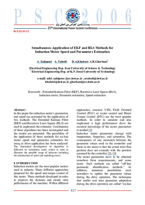Pdf Simultaneous Application Of Ekf And Rls Methods For Induction