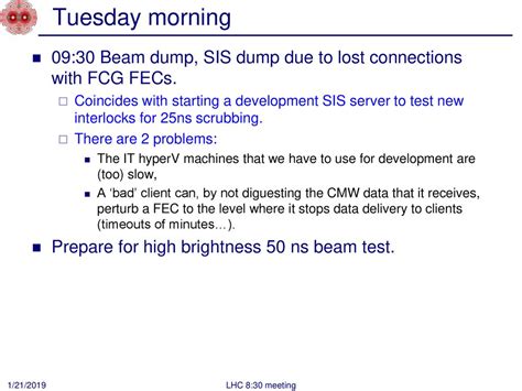 Tuesday Morning Beam Dump SIS Dump Due To Lost Connections With FCG FECs Coincides With