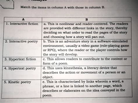 Matching Type Match The Items In Column A With Those In Column B Match The Items In Column With
