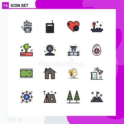 Flat Color Filled Line Pack Of 16 Universal Symbols Of Play Fun Walkie Joystick Heart Stock