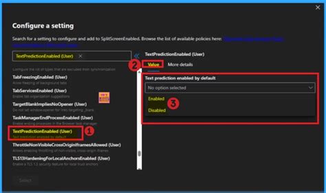 enable or disable text prediction policy in ms edge browser using m365