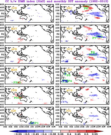 the cc between ismr index and monthly sst anomalies during 1982 2013