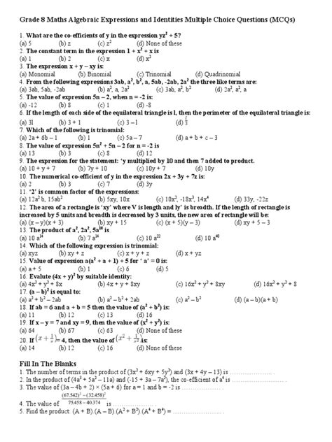 Grade 8 Maths Algebraic Expressions And Exponents Mcq Pdf Mathematics Algebra