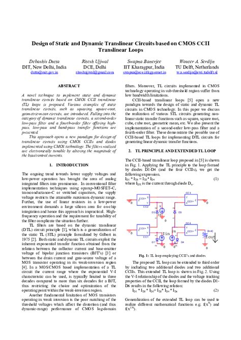 Pdf Design Of Static And Dynamic Translinear Circuits Based On Cmos