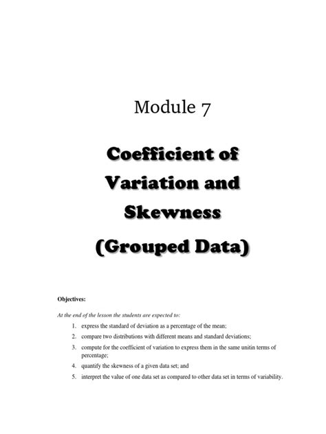 Module7 Coefficient Of Variation And Skewness Grouped Data Business Pdf Skewness