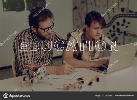 Father Son Programming Robot Laptop Happy Family Relationship Plaid Flannel Stock Photo