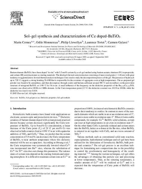 Pdf Sol Gel Synthesis And Characterization Of Ce Doped Batio3