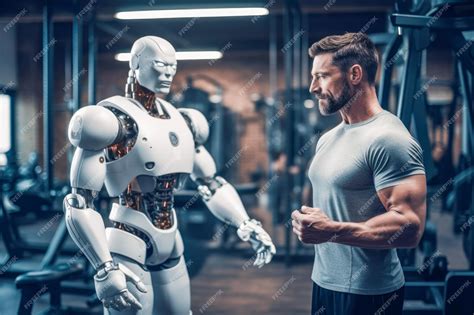 premium photo robot fitness coach assisting human with heavy barbell