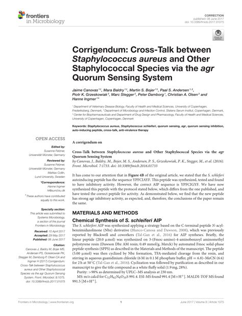 Pdf Corrigendum Cross Talk Between Staphylococcus Aureus And Other Staphylococcal Species Via