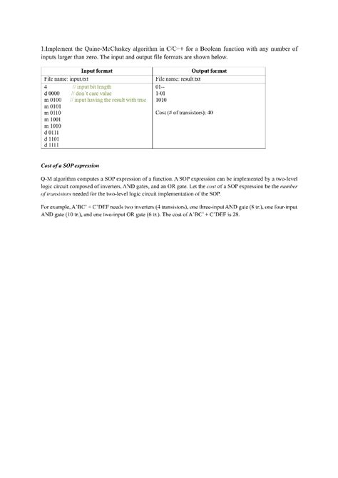 Solved 1 Implement The Quine Mccluskey Algorithm In Cc