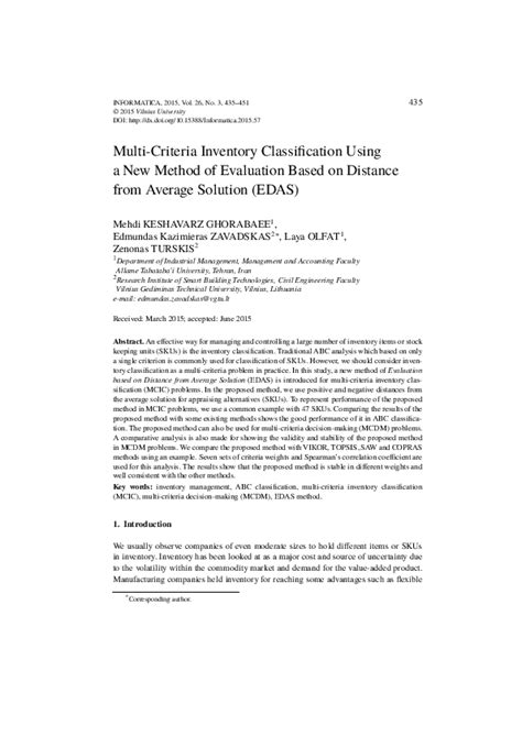 Pdf Multi Criteria Inventory Classification Using A New Method Of