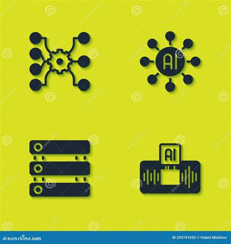 Set Neural Network Artificial Intelligence AI Server Data And Icon Vector Stock Vector
