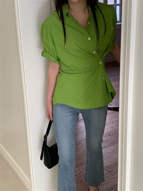 디드샵 여성 오버핏 롤업 면 바스락 랩 반팔 셔츠 코발트블루 소라색 파란색 초록색 링클프리