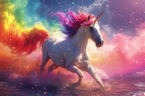 Full Shot Unicorn On Rainbow Sky Background Generative Ai Premium Ai Generated Image