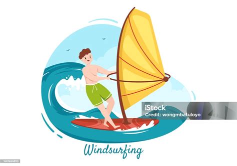 수상 스포츠 활동의 여름 윈드 서핑 만화 일러스트 레이 션은 배럴 된 돌진하는 파도를 타거나 평평한 스타일의 패들 보드에 떠 다니고 있습니다 계절에 대한 스톡 벡터 아트 및